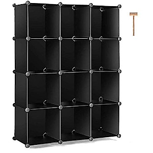 CNCEST Portable Cube Storage Shelves 12 Grids, Cubes Storage Organizer with Plastic Connector and Wooden Hammer DIY Plastic for Books Clothes Toys Decorations Home Improvement 11.8 Inch (Black)