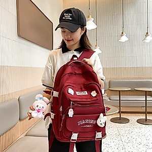 FORJMMP Aesthetic Backpack with Kawaii Accessories and Cute Pins, Casual Daypack with Luggage Strap for Women (Red)