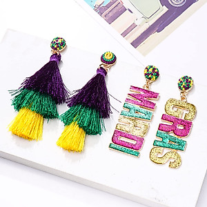 2 Pairs Mardi Gras Earrings for Women Beaded Mask Tassel Dangle Earrings Fat Tuesday Carnival Parade Jewelry Gifts