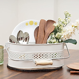 THE ARTIQUE Farmhouse Utensil Caddy, Galvanized Caddy, Picnic Utensil Holder, Desk Organizer, Condiments Caddy, Flatware Caddy For Party, Kitchen Utensils Organizer Caddy With Handle- WHITE