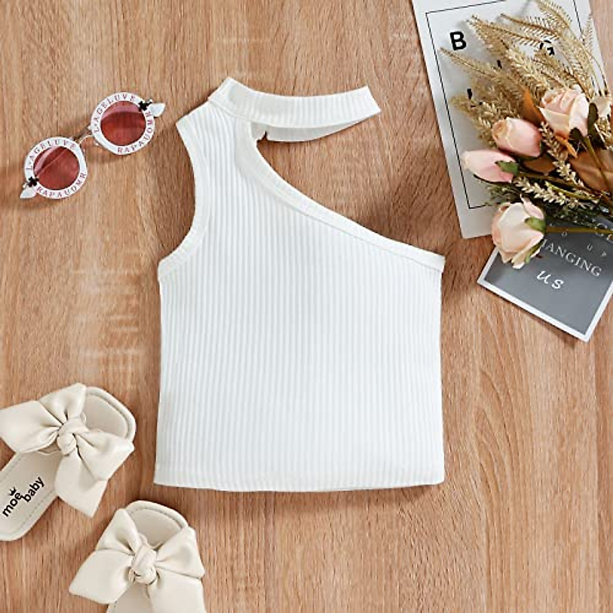 Yunfanda Toddler Girl Kids Shorts Outfit One Shoulder Ruffle Crop Tops + Pants 2Pcs Summer Clothes Set (White Tops+Pink Shorts, 4-5T),JX-F002