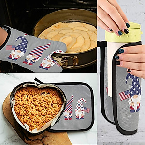 Exnundod America Flag Gnomes Oven Mitts Pot Holders Set,Memorial Day 4Th of July Patriotic Hot Pads&Gloves 2pcs for Kitchen Cookware Cooking BBQ Baking Bakeware Sets