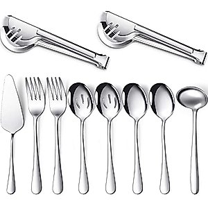 Serving Utensils Include Large Serving Spoons Slotted Serving Spoons Serving Forks Serving Tongs Soup Ladle and Pie Server Buffet Catering Serving Utensils for Dishwasher Safe (Silver,10 Pieces)