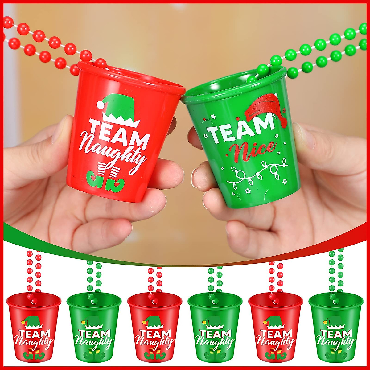 12 Pieces Christmas Shot Glass Necklace on Beaded Team Naughty Team Nice Shot Necklace Glass Plastic Red Beaded Necklace with Drinking Cup Green Shot Glasses for Christmas Party Decorations Supplies