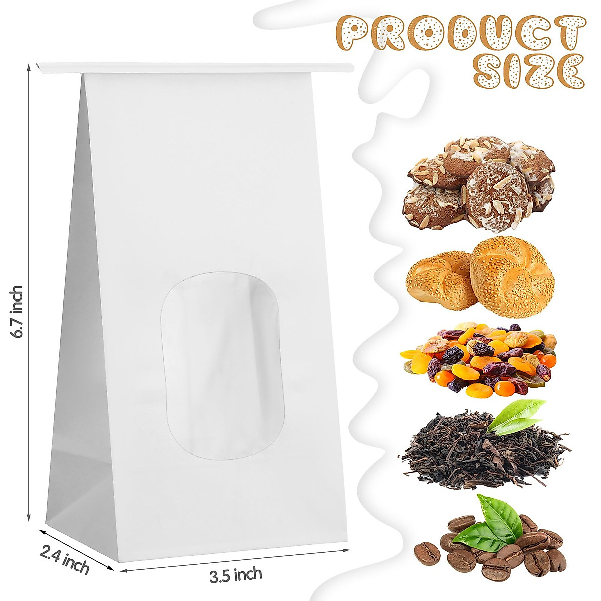 Fulmoon Bakery Bags with Window Bulk Small Paper Bags 3.54 x 2.36 x 6.7 Inch Tin Tie Tab Lock Resealable Party Favor for Popcorn Bread Coffee Snack Candy Food Packaging Gift Giving, White(300)