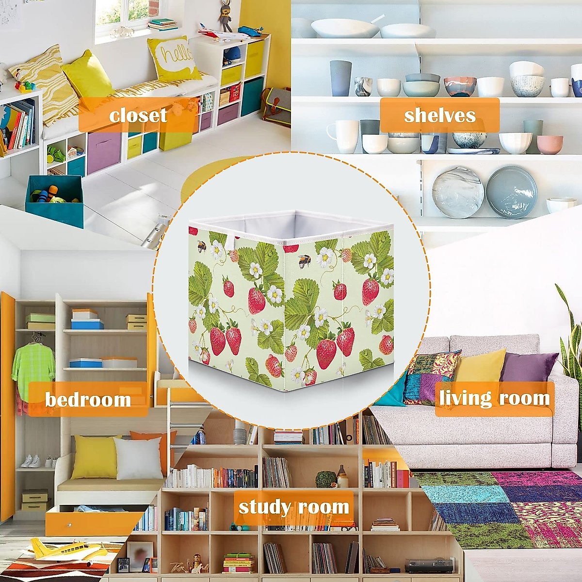 Joisal Strawberry Pattern Design Storage Bins Large Collapsible Full Printed Fabric Storage Bin, Containers for Organizing
