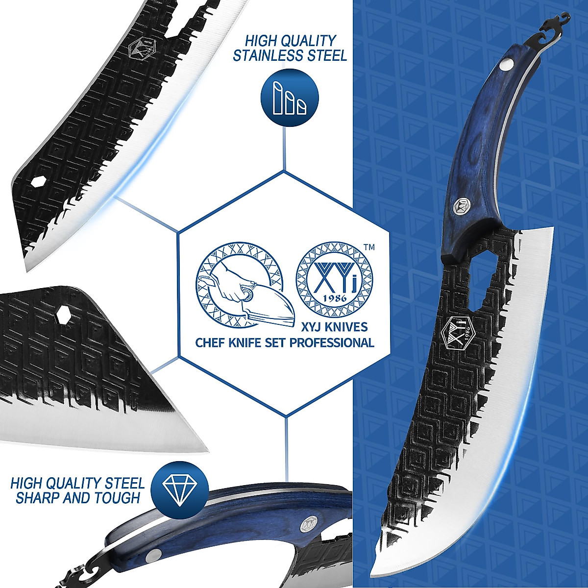 XYJ 9pcs Camping Cleaver Knives Set,Cooking Chef Knife With Bag,Sharpener,Carving Kitchen Butcher Knife,Outdoor Vegetable Knives,Full Tang Blue