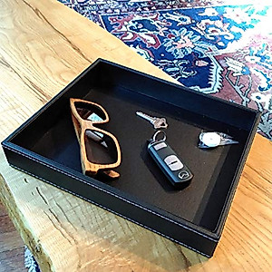 Valet Tray, Dresser Organizer, Desk Tray, Bedside Organizer, Key Bowl, Nightstand Organizer for Men, EDC Tray, Black PU Leather, 10.3 x 8.3 x 1.6 inches