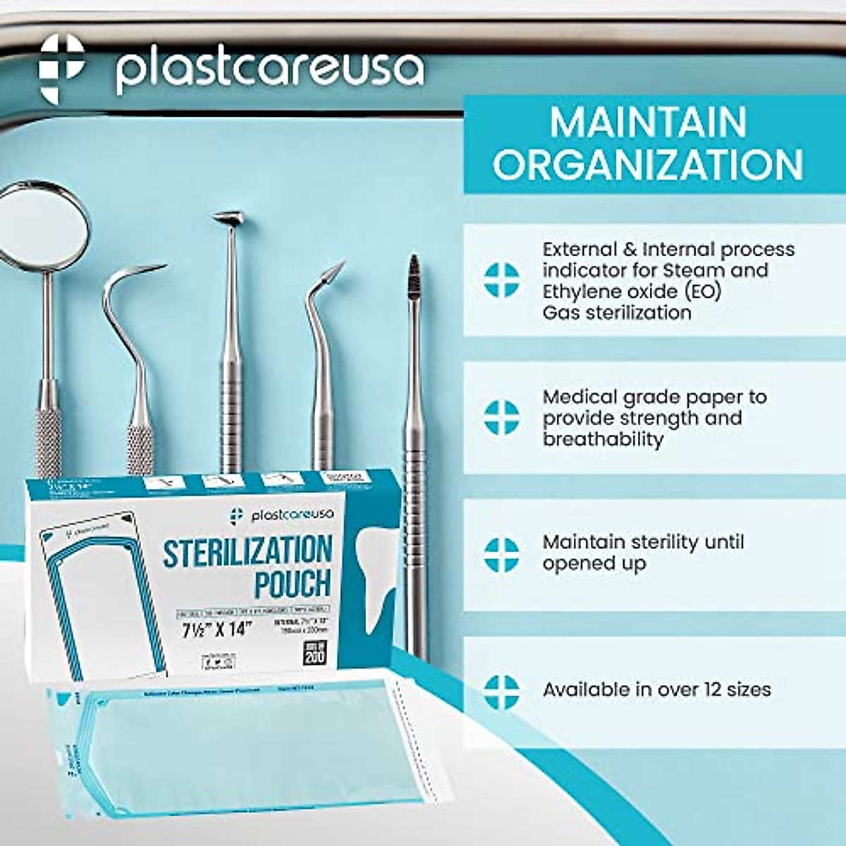 200 7.5 X 13 Self Sterilization Pouches for Dental Offices, Autoclave Sterilizer Bags Pouch for Dentist Tools, for Cleaning Tools, 200 Pouches Per Box, 1 Box of Paper Blue Film