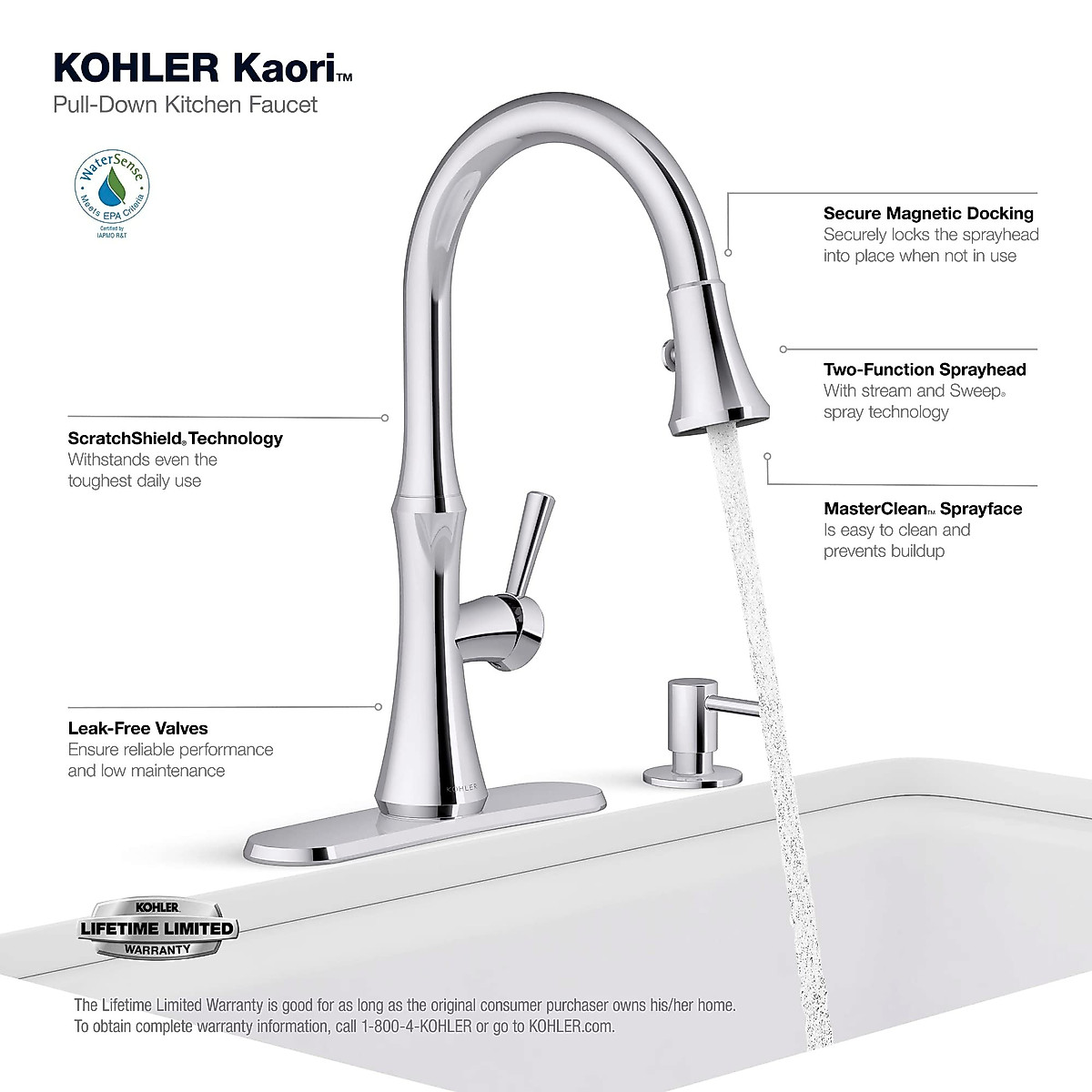Kohler R28706-SD-CP Kaori Single Handle Kitchen Faucet with Pull Down Sprayer and Soap Dispenser, Polished Chrome