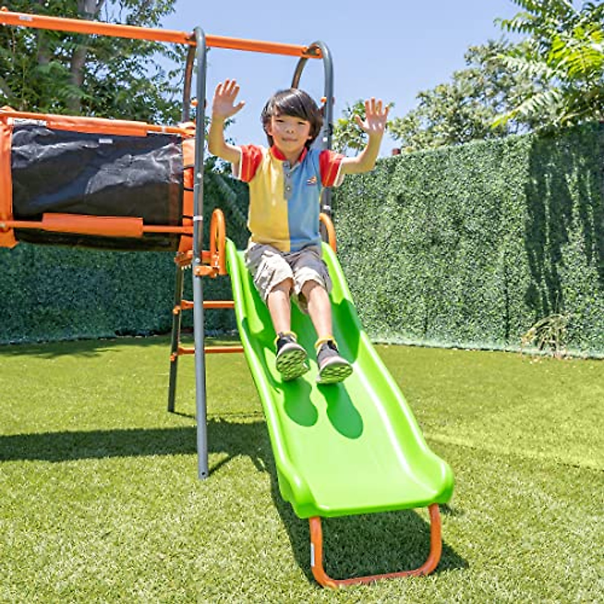 Jungle Warrior Anaconda Metal Swing Set with 45" Saucer Swing, 2 Sling Swings, Rock Climbing Wall and 5ft Slide with Slide