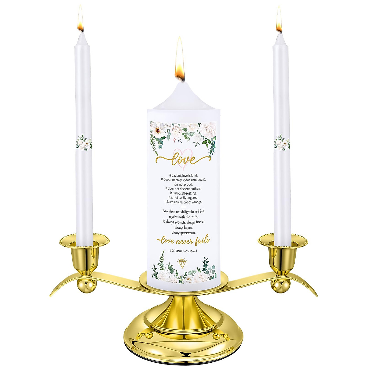 Landhoow 3 Unity Floral Candles for Wedding Ceremony Set with Golden Candle Holder White Pillar and Taper Candles Religious Wedding Catholic Anniversary Big Events Gifts for Couple