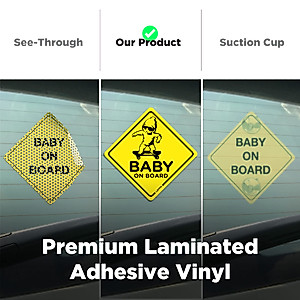 LAVMO Baby On Board Sticker For Cars (2 Pcs) - Bright Yellow Reflective Safety Signs - 5"x5" Funny and Cute Safety Caution Decal Sign for Window and Bumper - No Need for Suction Cups and Magnets