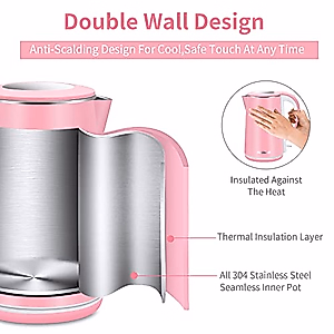 Electric Kettles Stainless Steel for Boiling Water, Double Wall Hot Water Boiler Heater, Cool Touch Electric Teapot, Auto Shut-Off & Boil-Dry Protection, 120V/1200W, 1.8Liter, 2 Year Warranty(Pink)