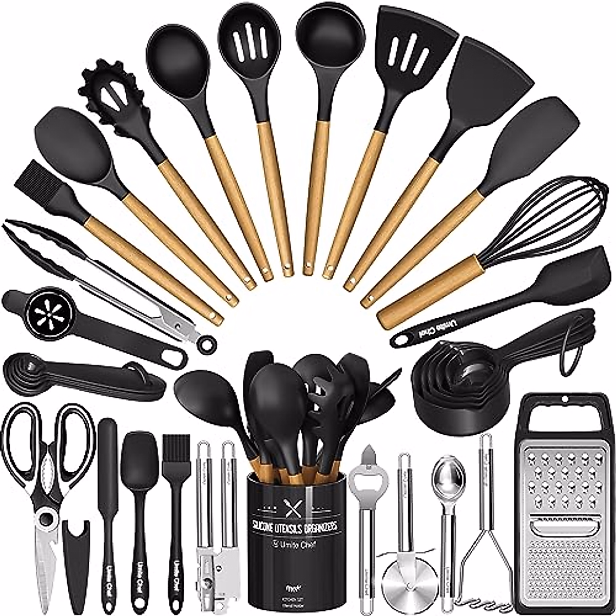 Kitchen Utensils Set- 34PCS Silicone Cooking Utensils with Holder, Umite Chef Heat Resistant Kitchen Utensil Spatula Set for Nonstick Cookware, Black Wooden Handles Kitchen Gadgets Tools Set