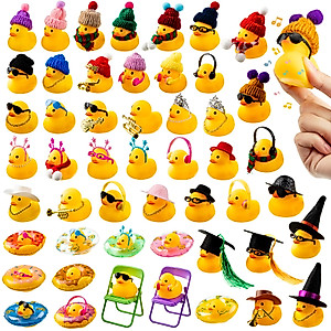 50 Sets Rubber Duck Cute Rubber Duck Bath Party Toys Bathtub Toys Shower Car Dashboard Decorations with Mini Sunglasses Swim Tube Hat Necklace Scarf Earphone Crown Instrument Hair Clips (Yellow)