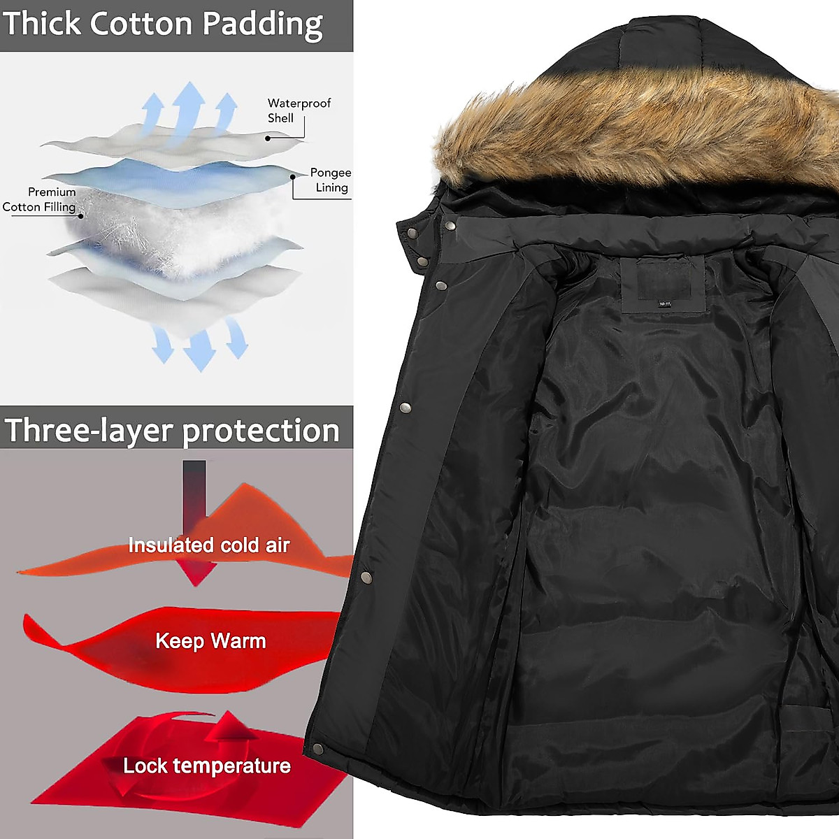 FARVALUE Boy Winter Coat Warm Quilted Puffer Water Resistant Parka Jacket with Detachable Fur Hood for Big Boys Black 10-11 Years