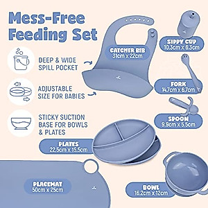 Juvitek Baby Silicone Set, Baby Feeding Set, Toddler Plates and Bowls Set with Baby Spoon, Fork, Mat and Cup, Comes with Anti-Slip Suction Base and Adjustable Bib, 3 Months and Up, Blue, Set of 8