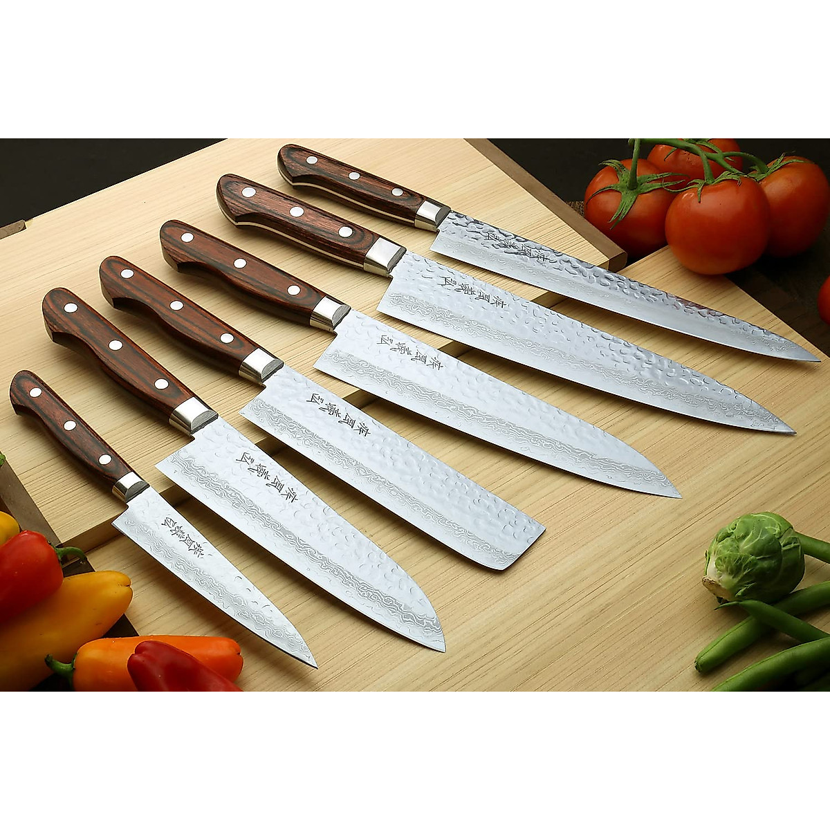 Yoshihiro VG-10 16 Layer Hammered Damascus Stainless Steel Chef Knife 6pc Set - MADE IN JAPAN