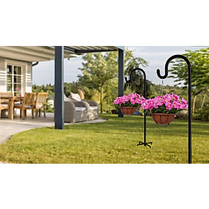 Garden Shepherd Hook Outdoor with 5 Prong Base, Bird Feeder Pole Hanger Holder Stand, Adjustable Heavy Duty Solar Light Plant Lantern Hanger Holder, Wedding Decor Black