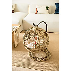 YoSpot Hand Made Wicker Cat Bed Basket Swinging Pet House Nest for Small Dog Cat with Cushion