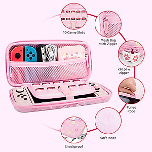 GLDRAM Pink Carrying Case for Nintendo Switch, Cute Anime Accessories Bundle for Cute Girl with Switch Travel Storage, Soft TPU Cover Shell, Screen Protector, Thumb Caps, Shoulder Strap for Girls