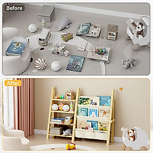 Oenalw Toy Storage Organizer with Kids Bookshelf, Montessori Wooden Toy Organizer Book Shelf for Kids Rooms, Nursery, Playroom, Child, Baby, Toddler Bookcase, Toys Rack Fabric Sling Book Shelves