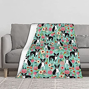 Boston Terrier Vintage Flowers Dog Throw Blanket, Ultra Soft Microplush Bed Blanket, All Season Microfiber Fleece Throw for Bed Chair Sofa Couch Bedroom 60"X50"