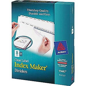 Avery 8-Tab Binder Dividers, Easy Print & Apply Clear Label Strip, Index Maker, White Tabs, 25 Sets (11447)