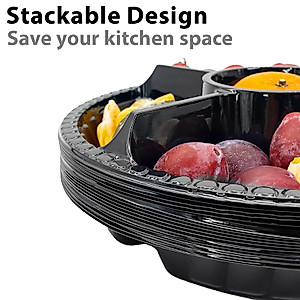 Apatal 12Pcs Disposable Fruit Trays, Round Plastic Appetizer Serving Tray with Lid 5 Compartment Party Platters Divided Food Dip Containers for Snack Vegetable Salad Veggie Fruit Organizer-Black