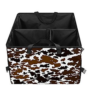 Western Black Brown Cow Print Car Trunk Organizer,Collapsible Cargo Storage Tote Bag,Non Slip,3 Divider Compartments, Automotive Interior Accessories for Auto SUV Truck Vehicle Picnic Camping