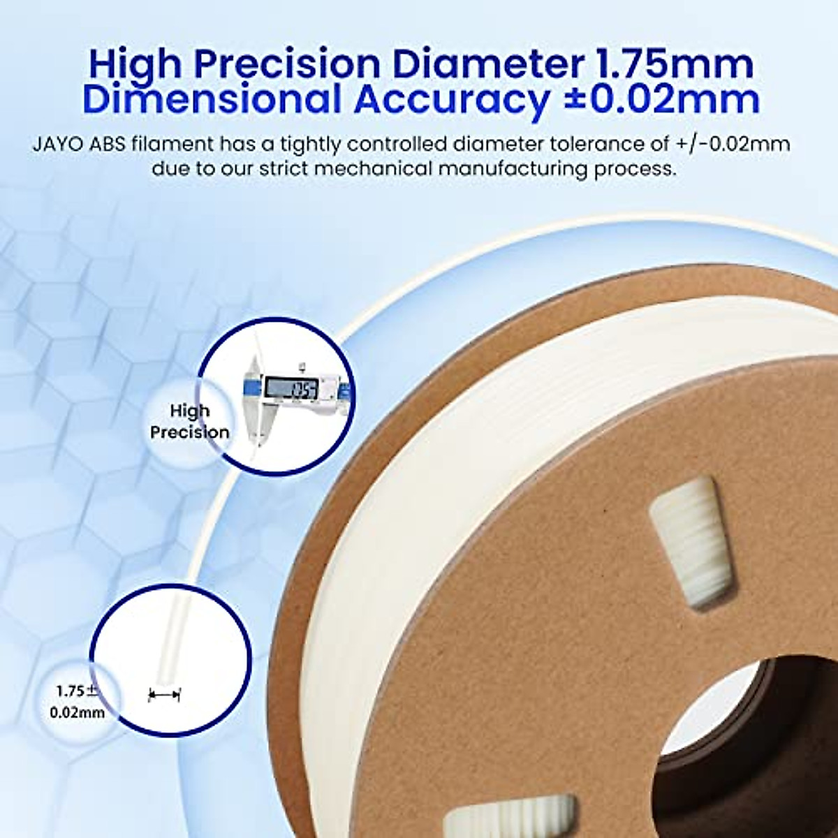 JAYO ABS 3D Printer Filament, Impact and Heat Resistant ABS Filament 1.75mm Dimensional Accuracy +/- 0.02mm, 0.65KG Cardboard Spool 3D Printing Material Fits FDM Printers, ABS White 650G