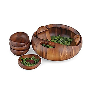 nambe Pebble 7Pc Salad Set | Large 15-Inch Serving Bowl | Made of Acacia Wood | Includes Salad Serving Bowl, Individual Bowls, and Salad Tossers | Perfect for Entertaining