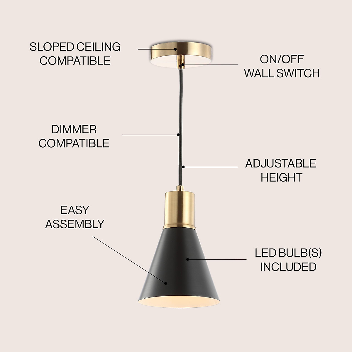 JONATHAN Y JYL6131A Apollo 6" Metal LED Pendant Contemporary Dimmable Adjustable Dining Room Living Room Kitchen Foyer Bedroom Hallway, Black/Brass Gold