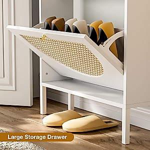 IKIFLY White Rattan Shoe Cabinet with 2 Flip Drawers, Narrow Free Standing Shoe Racks with Metal Legs, Shoe Storage Cabinet for Entryway, Living Room, Apartment