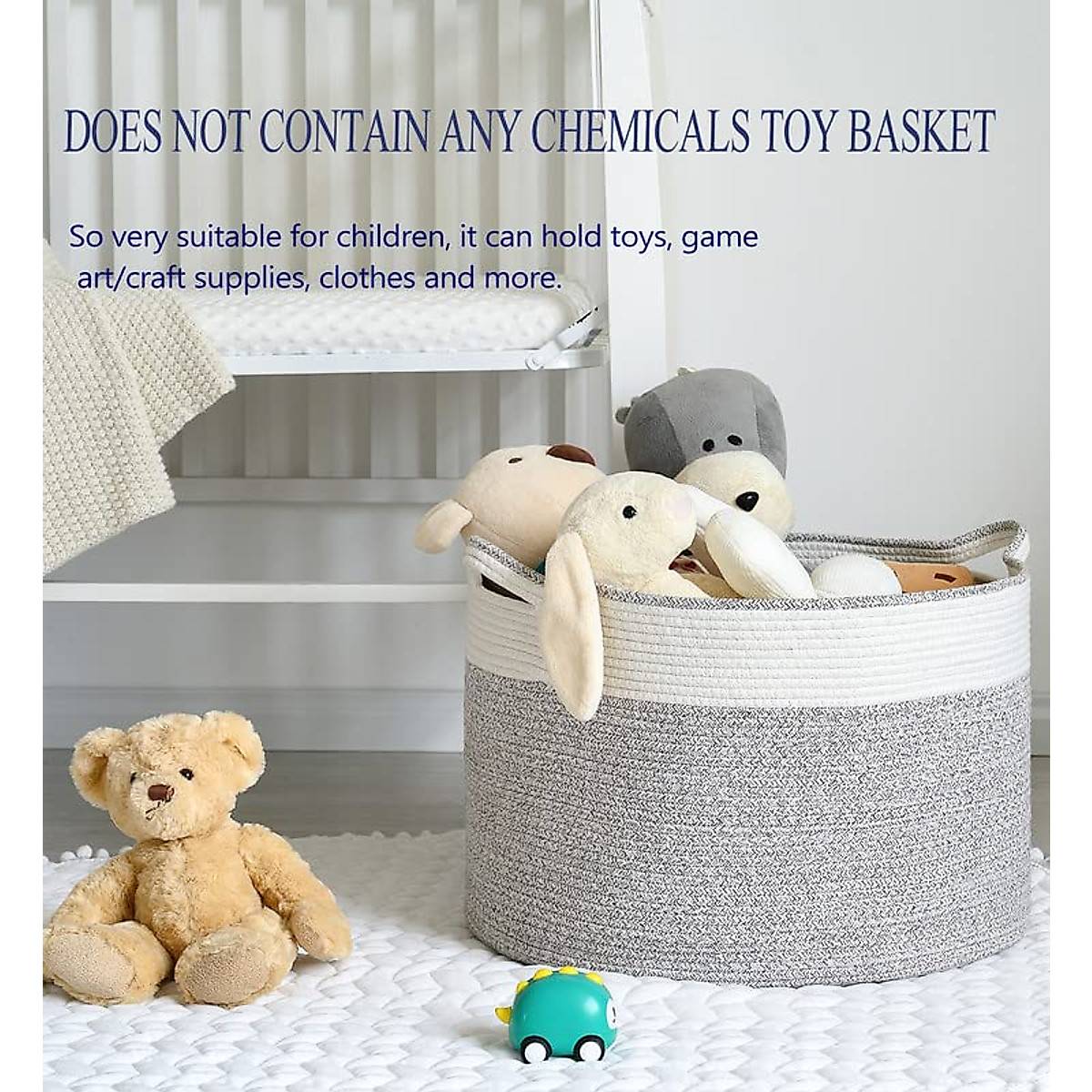 Large Cotton Rope Basket, Blanket Basket 22" x 22" x 14" Woven Cotton Rope Basket Toy Basket Soft Storage Basket White & Navy Blue