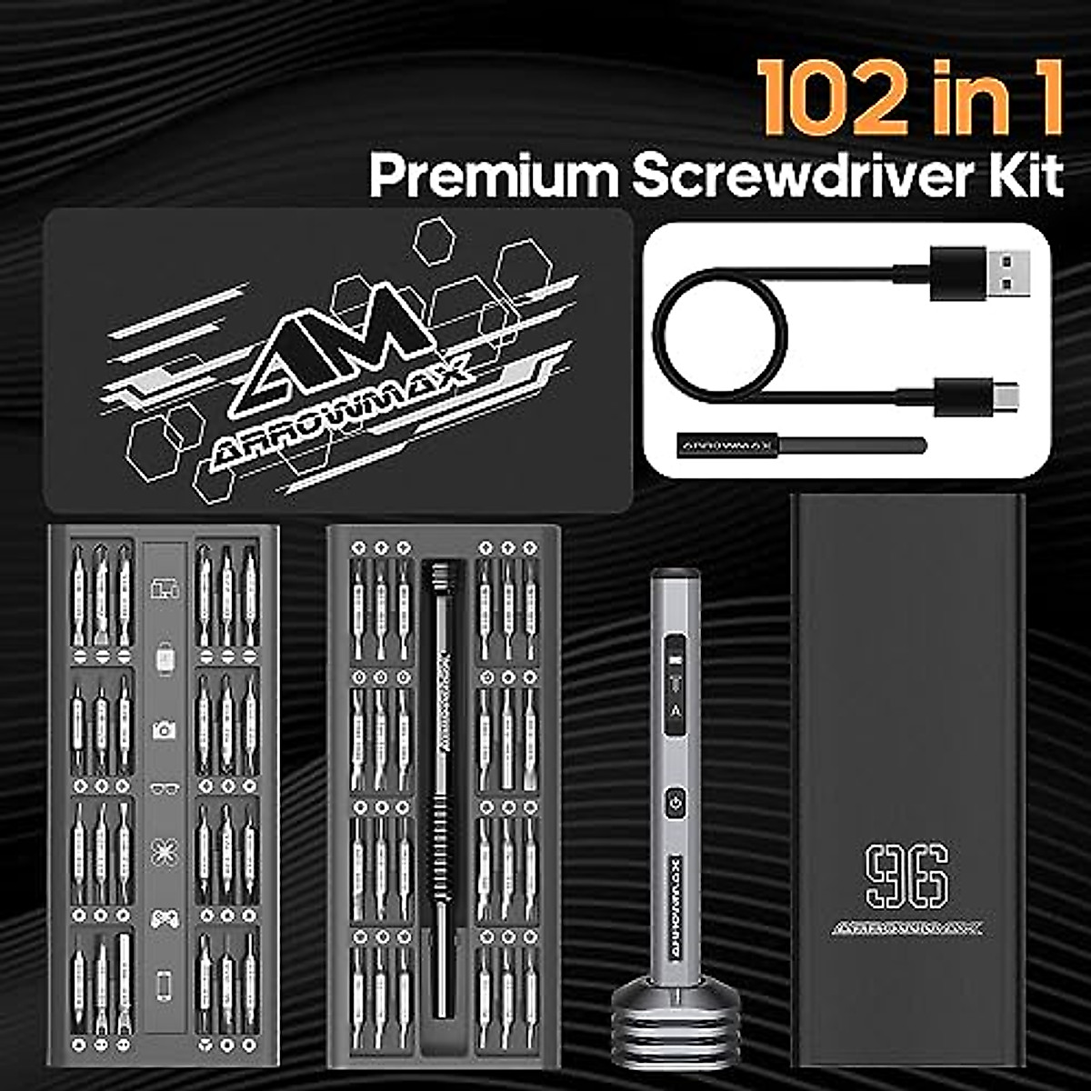 AM ARROWMAX 102 in 1 Electric Screwdriver, Cordless Precision Screwdriver Set with 96 Magnetic Bits, Red Dot, IF Winning Design, Portable Screwdriver Set for Phone Camera Watch (SES PRO PLUS) Grey