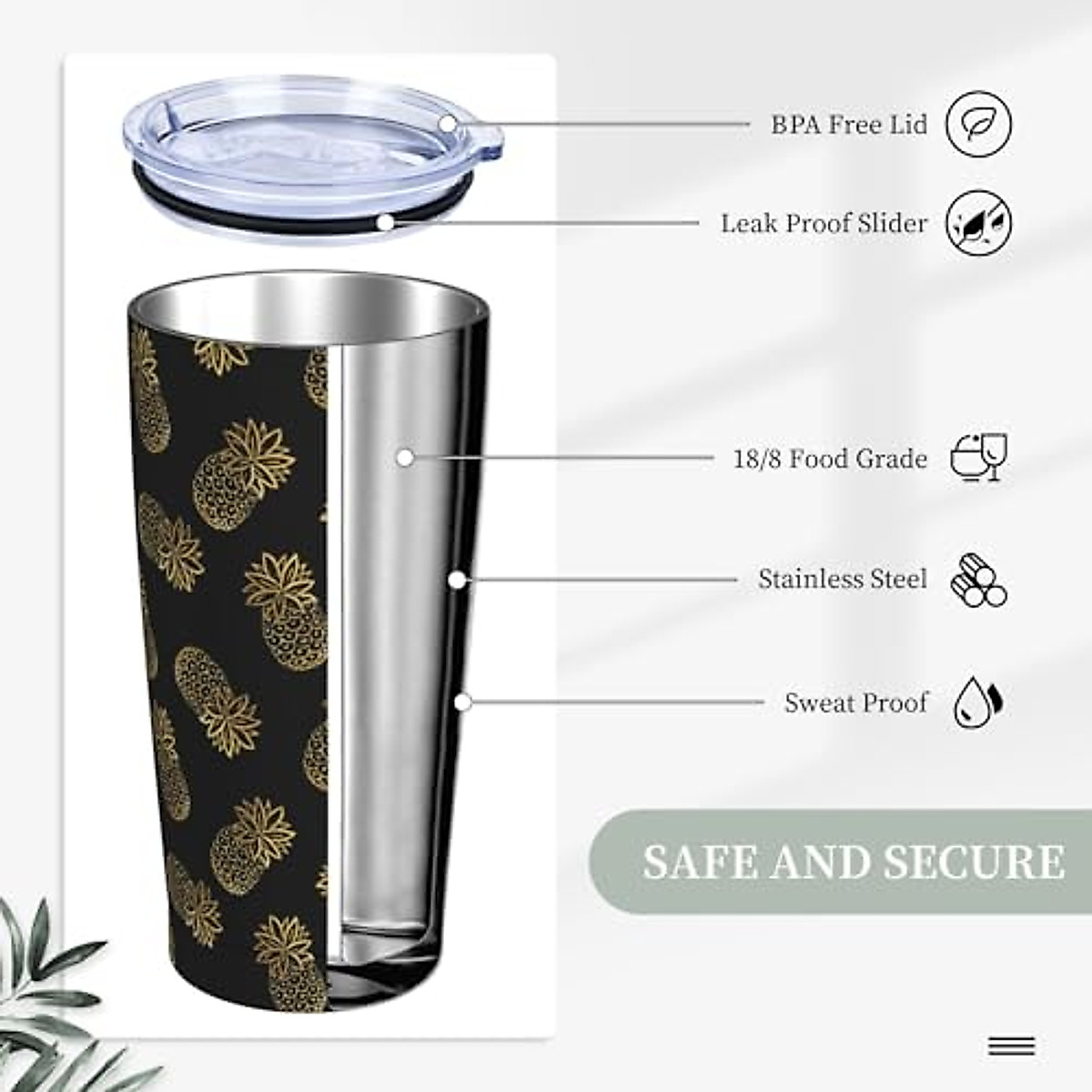 20oz Tumbler Summer Fruit Pineapple Double Wall Vacuum Insulated Coffee Mug with Lid and Metal Straw Brush Reusable Stainless Steel Water Bottle Travel Cup Gifts for Car Ice Drinks Hot Beverage