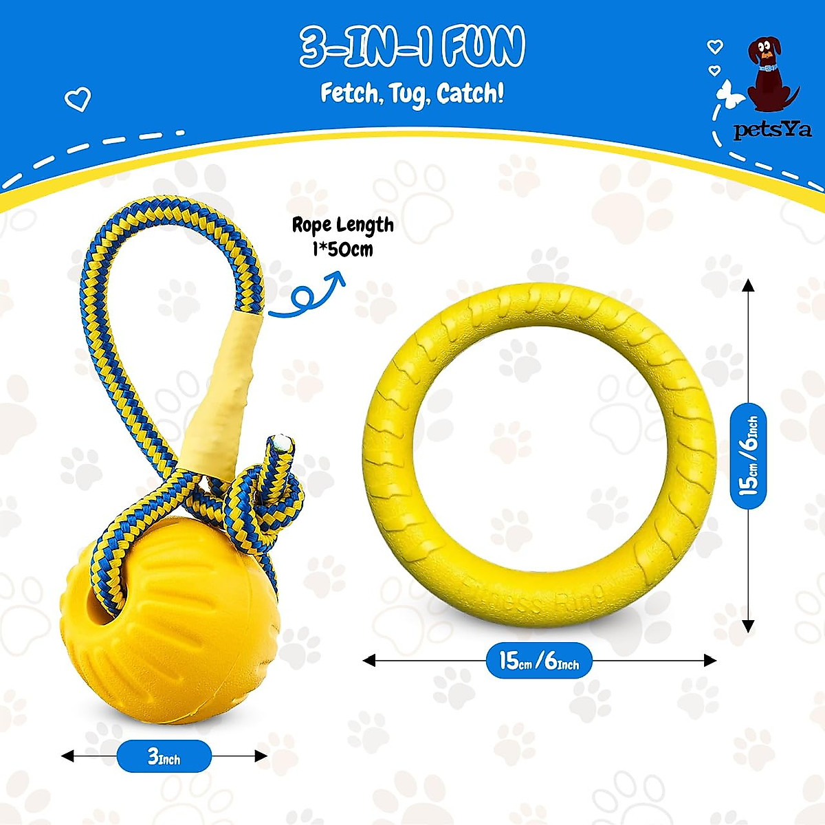 petsYa Ball Dog with Rope and Dog Ring Flying Traning chew Dog Toys Soft Foam Ball for Fetching Soaring Flying Ring