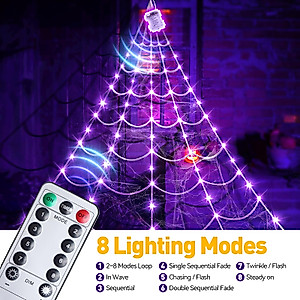 Halloween Decorations Spider Webs with 135 Purple Lights, 200" Triangular Huge Web, One Huge Spider, 20pcs Small Spiders and Extra Fiber for Outdoor Yard Decors