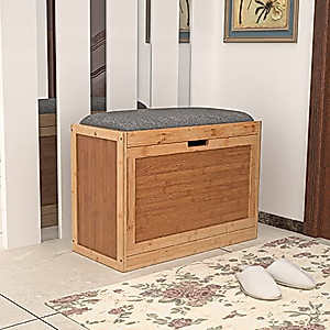 QSSLLC Bamboo Shoe Bench with Storage, Hidden Shoe Storage with Seat Cushion, Shoe Bench with Flip Drawer for Entryway, Hallway, Mumroom