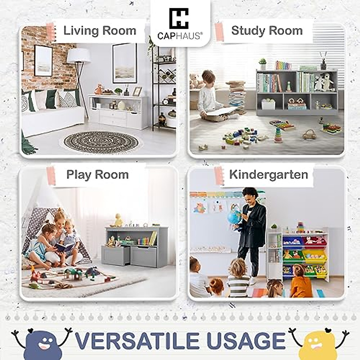 CAPHAUS Toy Storage Organizer with 4 Drawers, 52”W x 13”D x 24.4”H, Grey, Toy Organizer Bins, Toy Storage Organizer Bins with Shelf, Bookshelf for Reading, Storing, Playing, for Kids, Boys and Girls