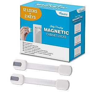 Baby Proofing Magnetic Cabinet Locks - 12 locks + 2 keys bundle with 2 Pack Fridge Child Safety Locks