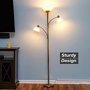 Brightech Sky Dome Double LED Floor lamp, Torchiere Super Bright Floor Lamp with 2 Reading Lamps for Living Rooms & Offices - Dimmable Tall Standing Lamp for Bedroom Reading - Tall Brass Pole