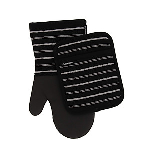 Cuisinart Neoprene Oven Mitts and Potholder Set -Heat Resistant Oven Gloves to Protect Hands and Surfaces with Non-Slip Grip, Hanging Loop-Ideal for Handling Hot Cookware Items, Twill Stripe Jet Black