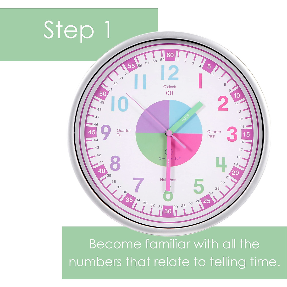 OWLCONIC Telling Time Teaching Clock - Bundled with Kids Watch. Learn to Tell Time Resources. Pink