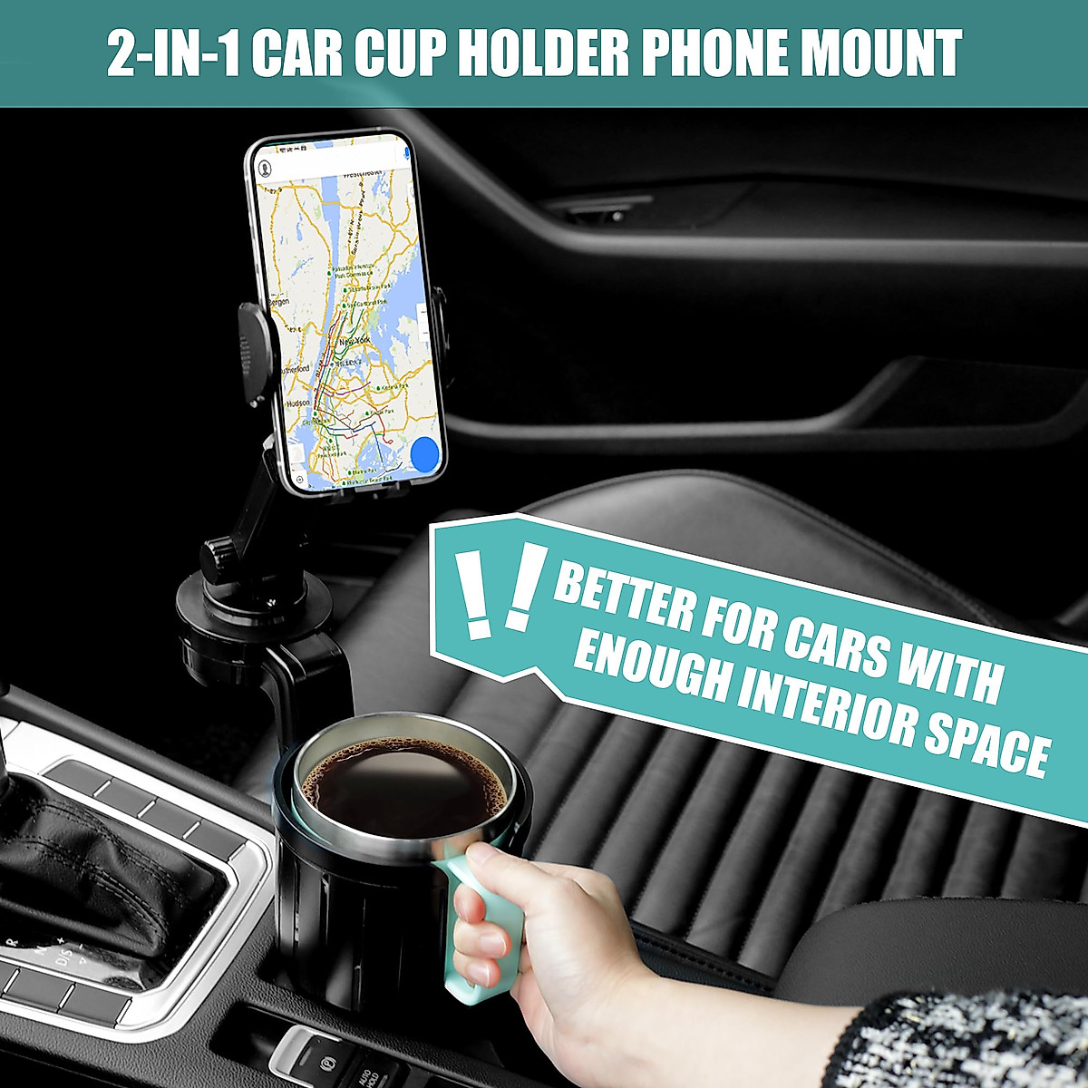 Master Show 2-in-1 Car Cup Holder Cell Phone Holder, Large Car Cup Holder Expander with Phone Holder, Cell Phone Holder for Car, Compatible with iPhone, Samsung & All Smartphones