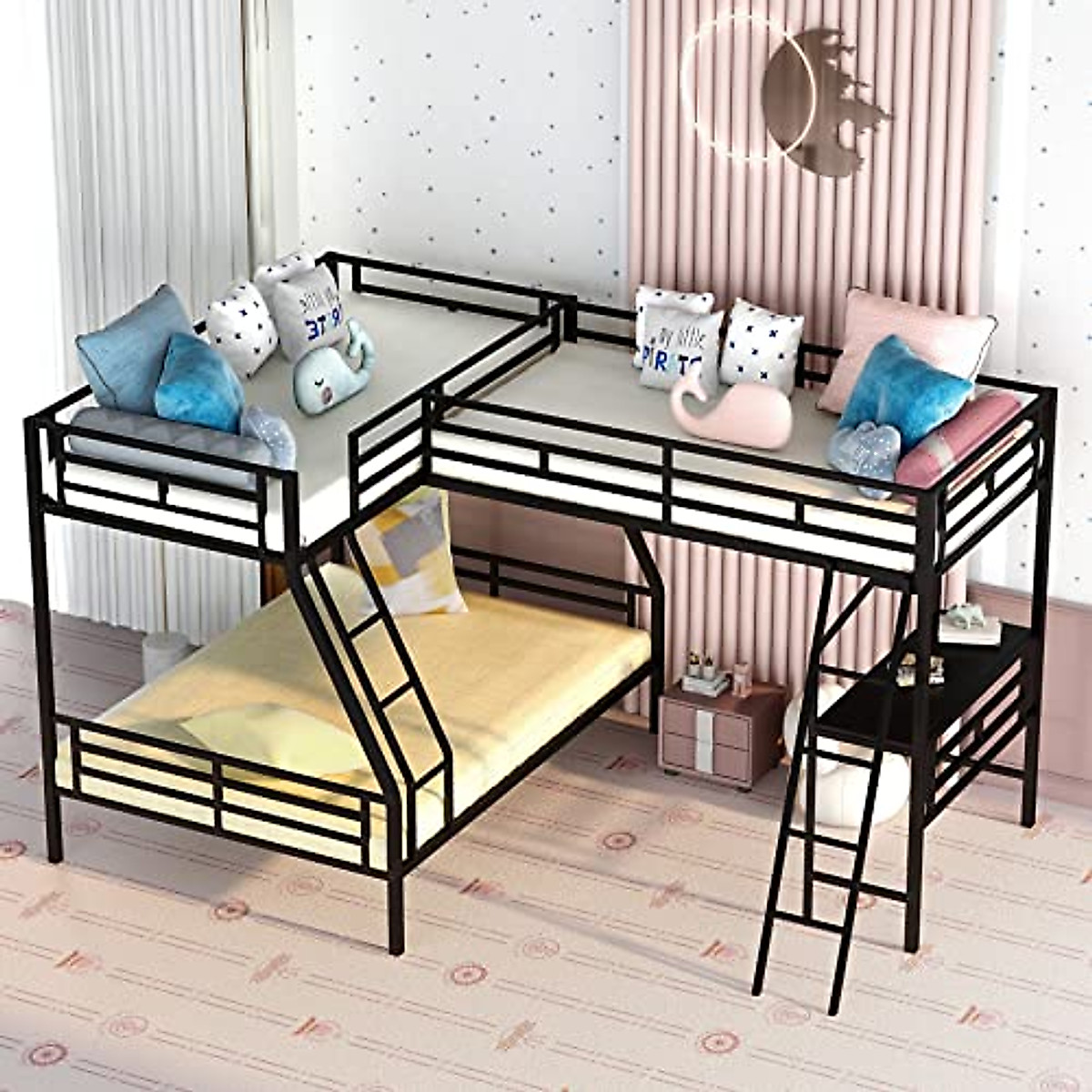 MERITLINE Metal L-Shaped Bunk Bed, Twin Over Full Bunk Bed with a Twin Loft Bed Attached,Triple Bunk Bed with Desk,3 Bed Bunk Beds with Guardrails and Ladder for Kids Teens Adults, Black