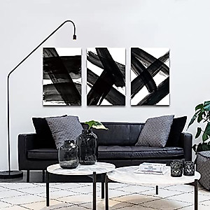 ArtbyHannah Black and White Abstract Canvas Wall Art with Strokes Abstract Shapes Illustrations Modern Art Prints for Living Room Bedroom Decoration - 3 Panels 16x24 inch