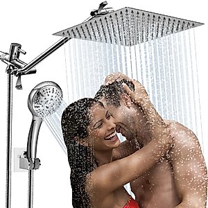 Shower Head, High Pressure Rainfall Shower Head with 11" Adjustable Extension Arm and 9 Settings Handheld Showerhead Combo with Holder, Retractable 59" Hose, Flow Regulator, Chrome (12 Inch1, Chrome)